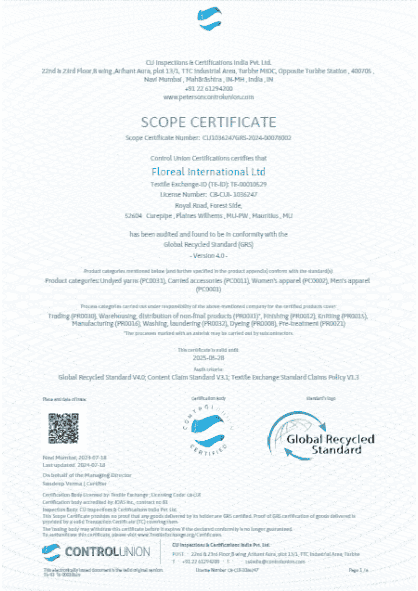 GRS Certificate – Floreal Bangladesh
